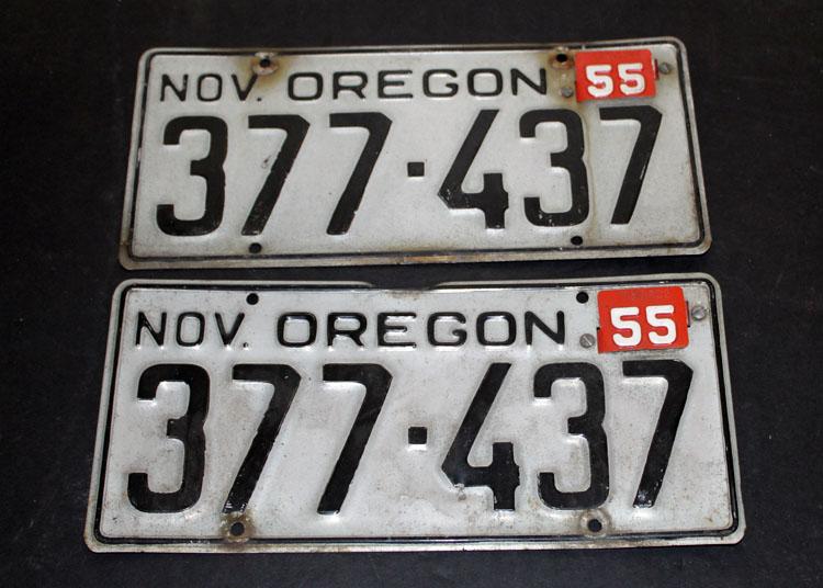1955 Oregon License plate, original, matched pair 377-437 | EstateSales.org