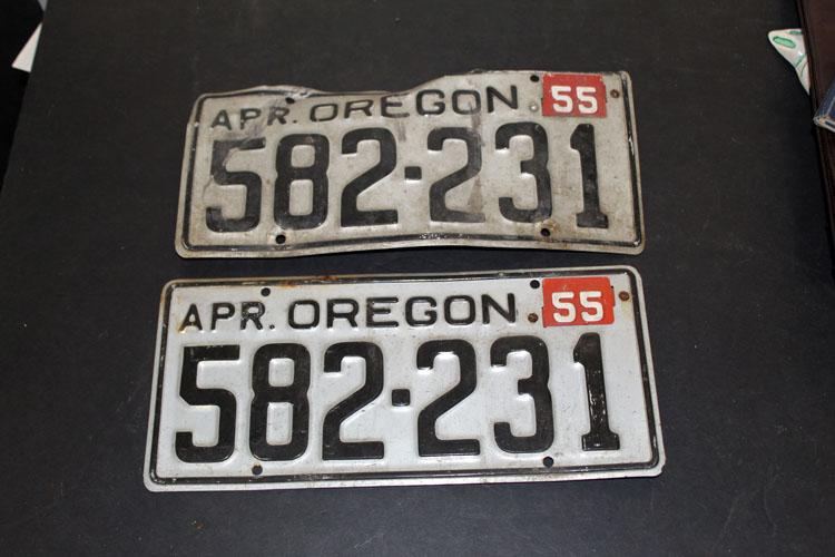 1955 Oregon License plate, original, matched pair 582-231 | EstateSales.org