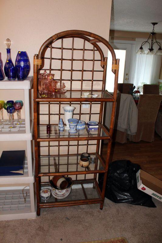 Bamboo and glass 4 shelf open display stand, 70" (#81) | EstateSales.org