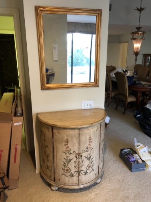 Lot 46. Hand painted half-round wall cabinet and 29” x 35” gold framed ...