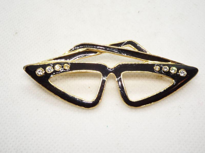 Vintage Cat Eye Glasses Brooch Pin Black Enamel Gold Tone Rhinestone