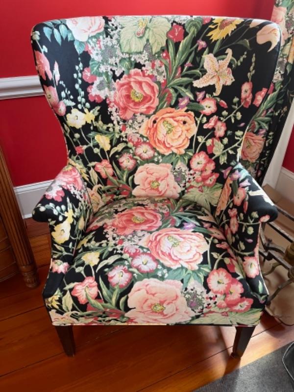 A204 Floral Upholstered Butterfly Wing Back Chair | EstateSales.org