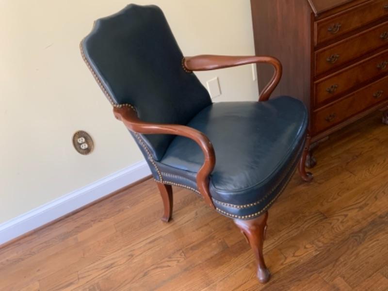 Pair Mahogany & Blue Leather Nailhead Gooseneck Arm Chairs by Hickory ...