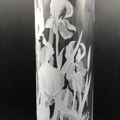 Signed PERRY COYLE Iris flower Vase Etched Cut Glass 19" tall cylinder ...