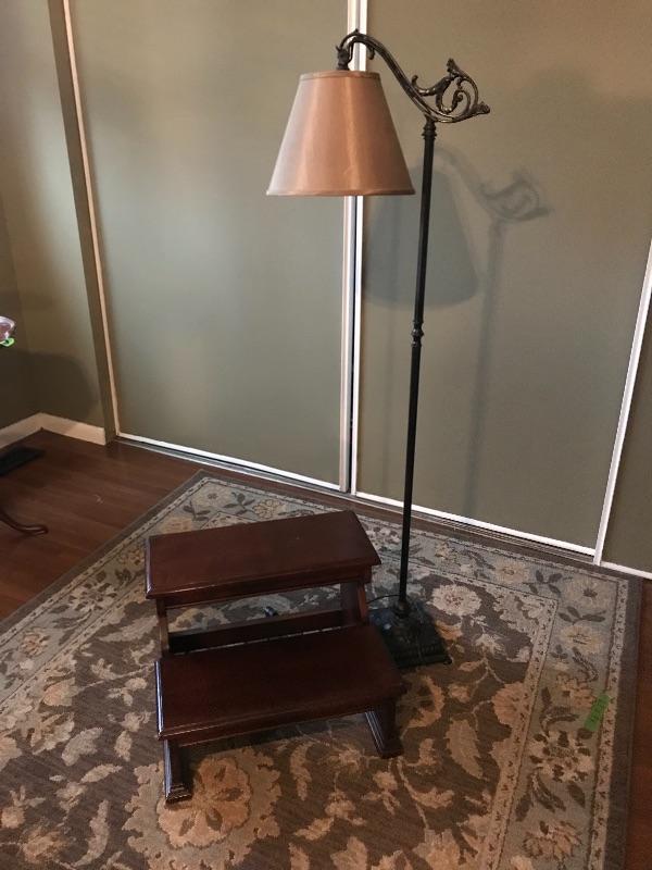 Lot 39: Mahogany Step Stool & Cast Iron Decorative Lamp | EstateSales.org