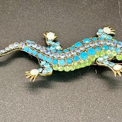 Turquoise Blue & Lime Green Rhinestone Lizard Reptile Pin Brooch ...