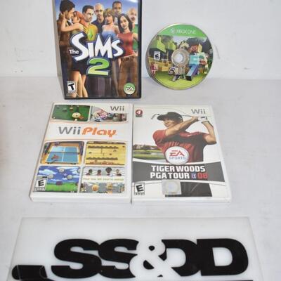 4 Video Games: Sims 2, XBOX ONE, Wii Play, Wii Tiger Woods ...