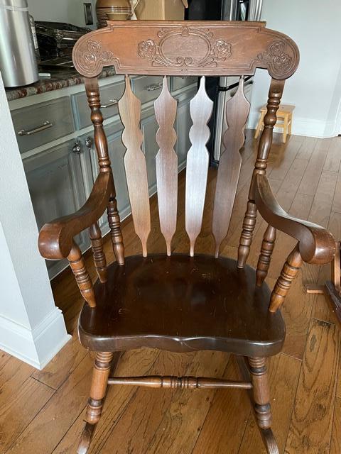 Lot #29 -- Vintage Walnut Press-back Rocking Chair | EstateSales.org
