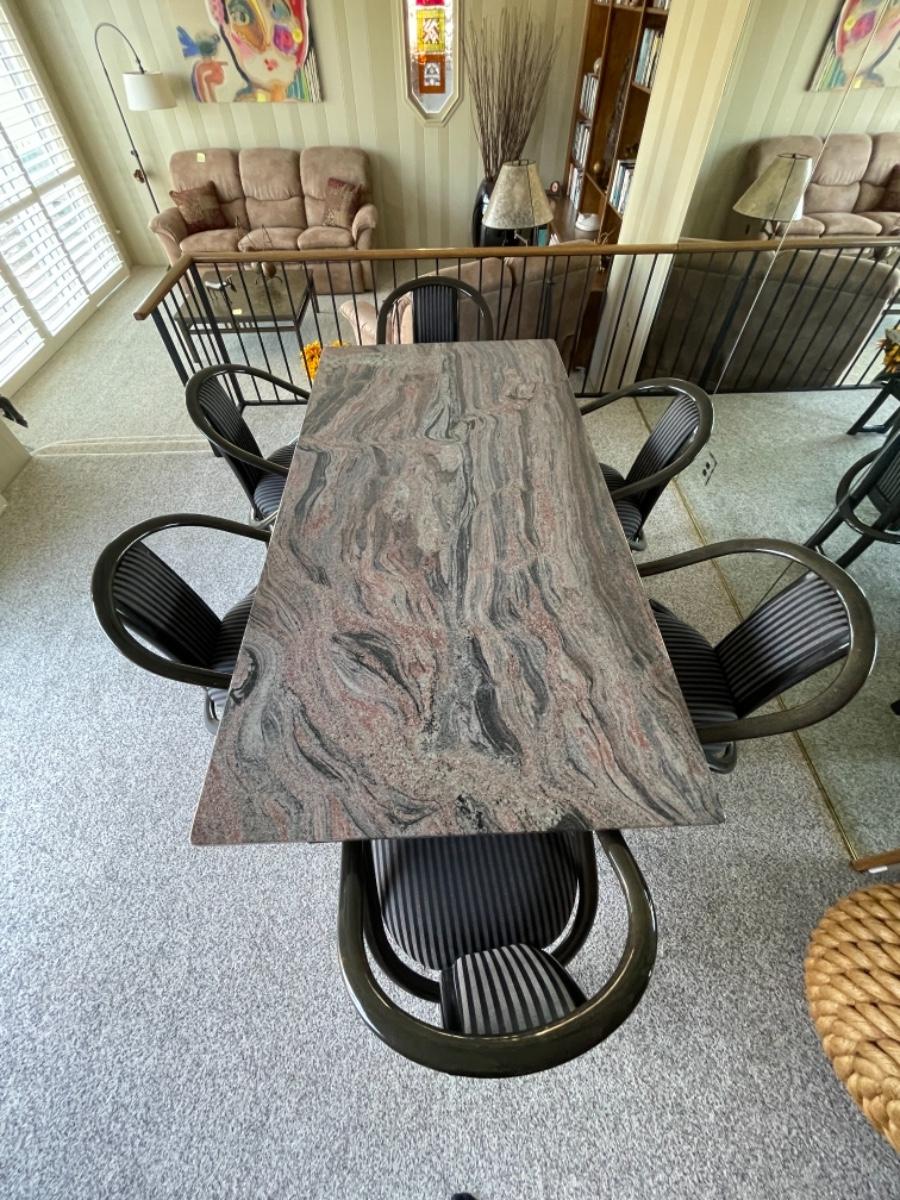 Granite Slab dining table with 6 ;acquired ash chairs upholstered in black and grey stripes ...