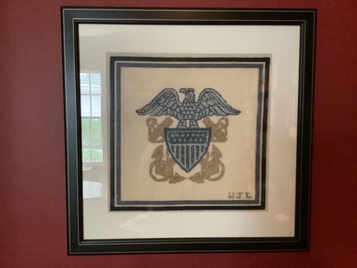 B832 Framed Navy Emblem Needlepoint Art | EstateSales.org