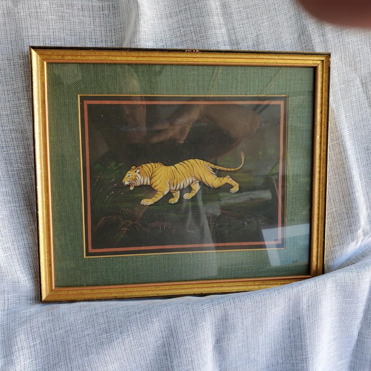 Framed Tiger picture, painted on cloth bright golds matted as well ...