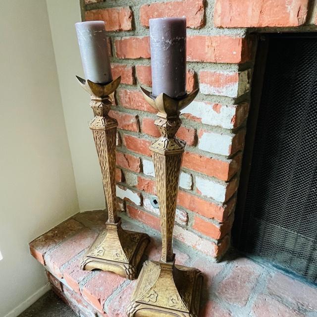 Lot 105 Pair Tall Pillar Candle Holders Composite w/ Candles 25 ...