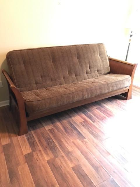 **Sleigh-style Arm, Wood Frame, Brushed Upholstery Futon | EstateSales.org