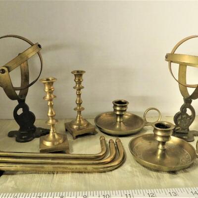 Antique Brass Candlestick holders, Wall Globe Sphere, Hangers LOT (7 ...