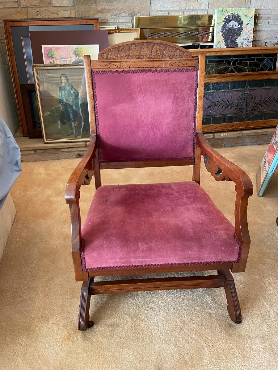 Antique Wooden Oak Hand-Carved Rocking Chair w/ Velour | EstateSales.org