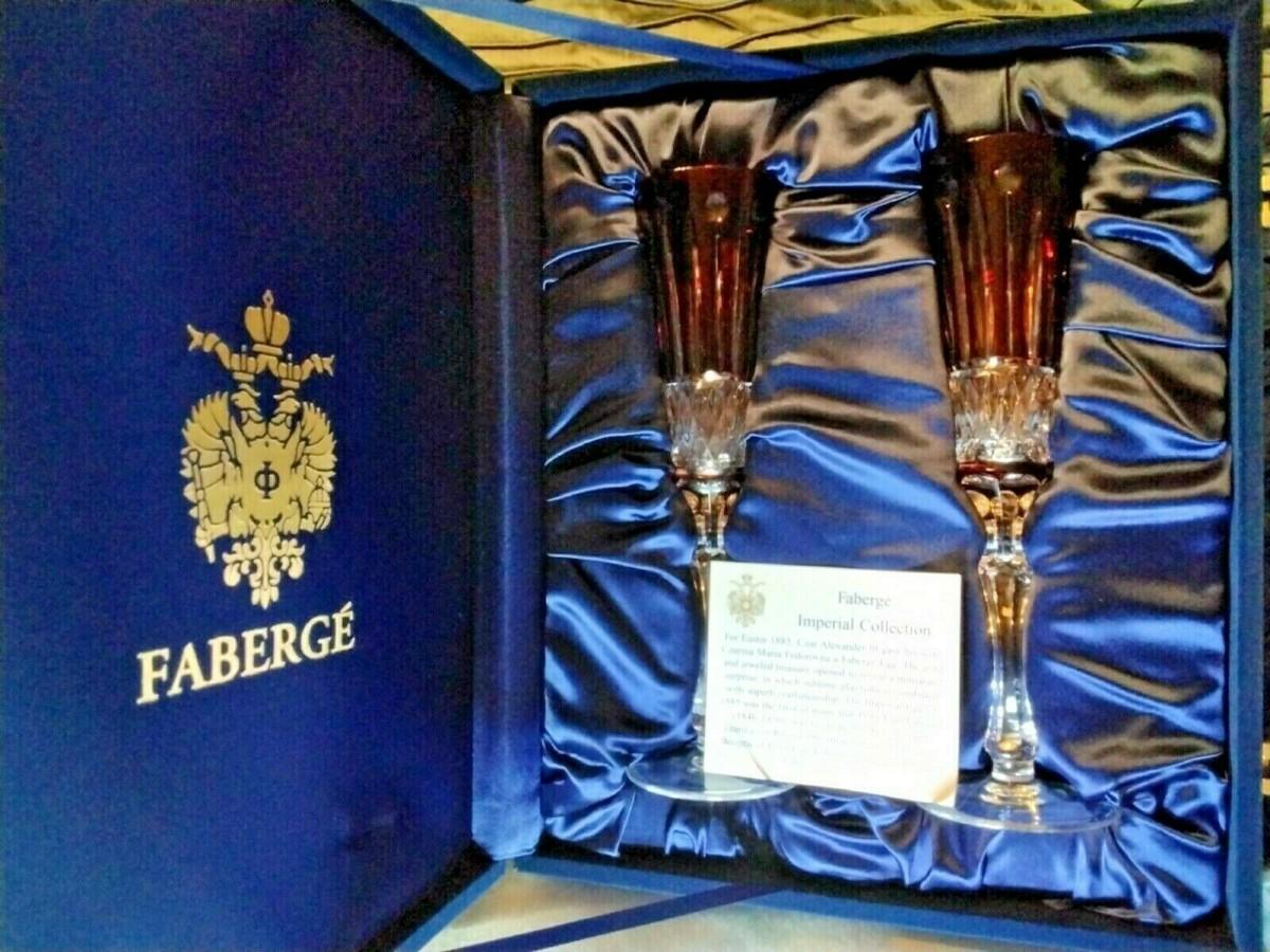 FABERGE Set of 2 XENIA Ruby Red Cut to Clear Crystal Champagne Flutes ...