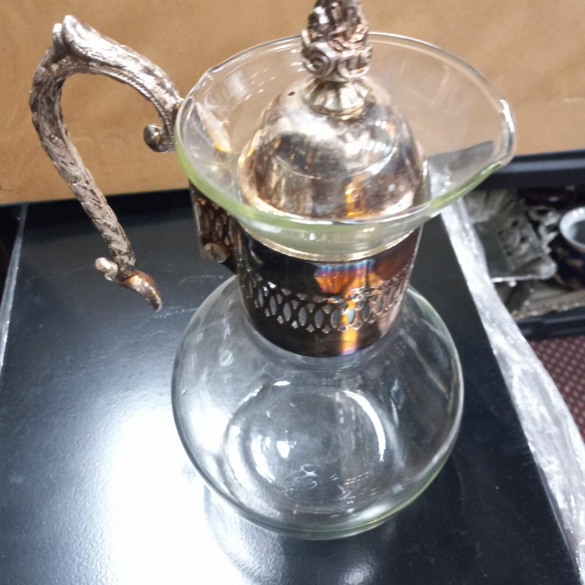 Vintage Glass Pitcher W/ Metal Lid & Handle | EstateSales.org