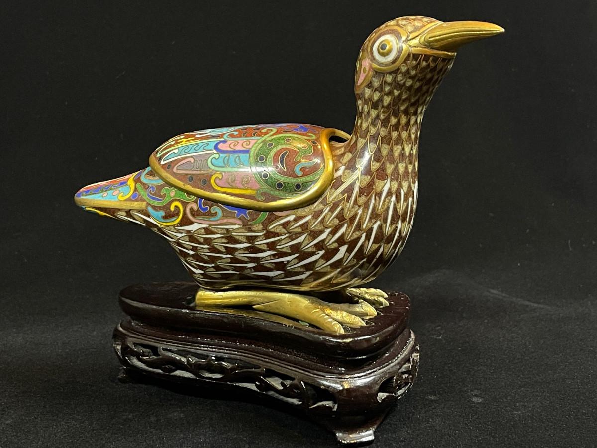 Vintage Chinese Cloisonne Bird Box and Custom Stand | EstateSales.org