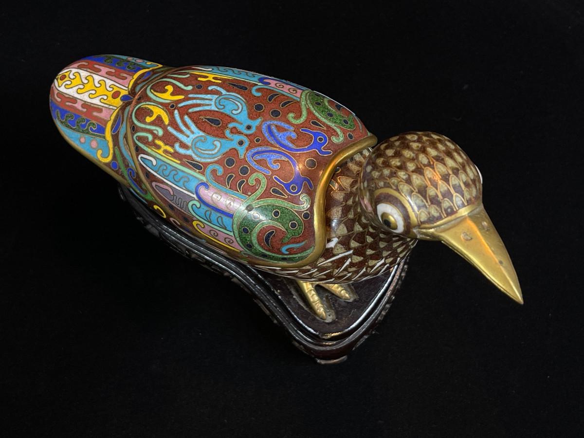 Vintage Chinese Cloisonne Bird Box and Custom Stand | EstateSales.org