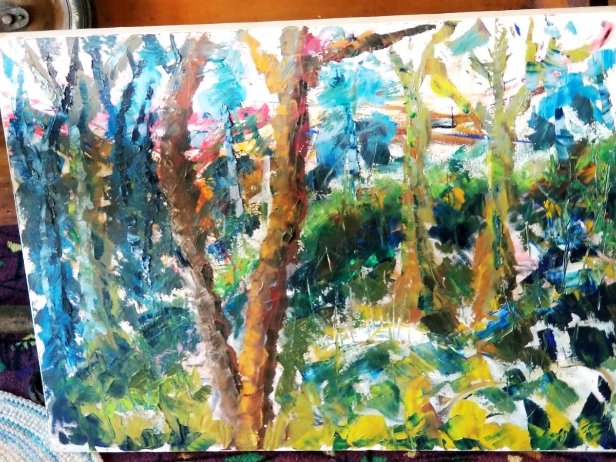 Mid-century interpretive abstract painting of a landscape | EstateSales.org