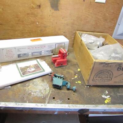 LOT 357 VINTAGE WOODEN CRATE, NUTCRACKER, SMALL VISES | EstateSales.org