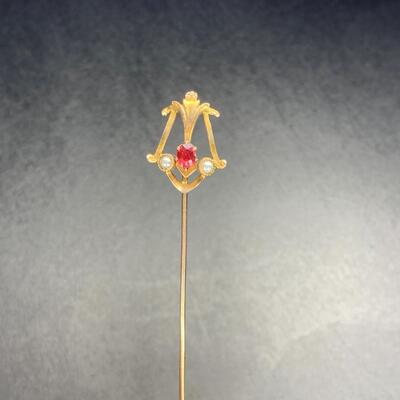 Victorian English 10K Gold Ruby & Pearl Hat Pin | EstateSales.org