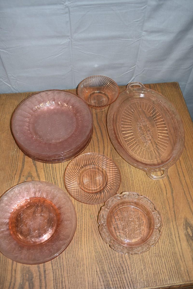 Pink depression glassware, plates, platter and ashtray | EstateSales.org