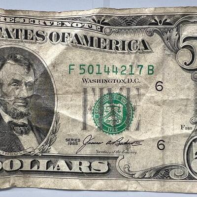 Vintage $5 Dollar Bill 1985 Series Federal Reserve Note Atlanta Georgia ...