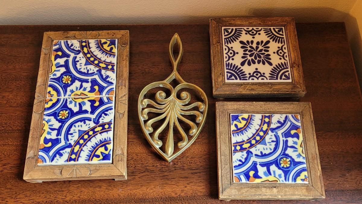Lot 155: (3) Vintage Mexican Tile Trivets and (1) Brass Trivet ...