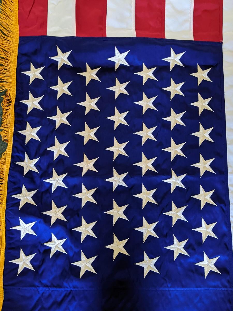 49 star flag Gold Fringe +-35" x 50" Embroidered stars | EstateSales.org