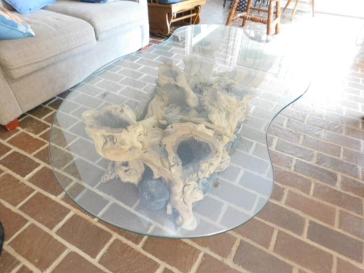 Gorgeous Grape Vine Root Base Coffee Table with Glass Top | EstateSales.org