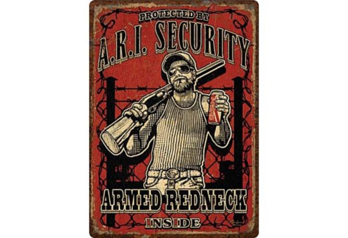 RIVERS EDGE EMBOSSED SIGN 12"X17" "ARMED REDNECK INSIDE" | EstateSales.org