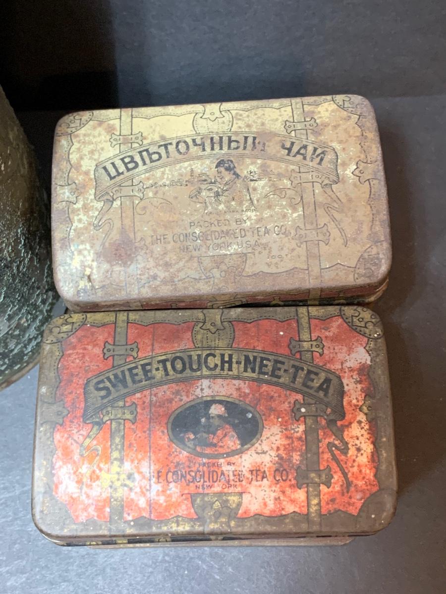 LOT 90R: Vintage Tea Tins & Primitive Box | EstateSales.org