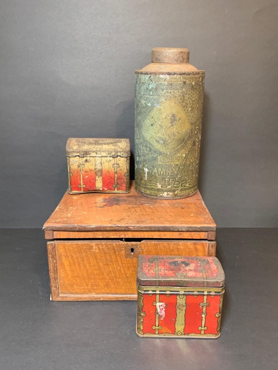 LOT 90R: Vintage Tea Tins & Primitive Box | EstateSales.org