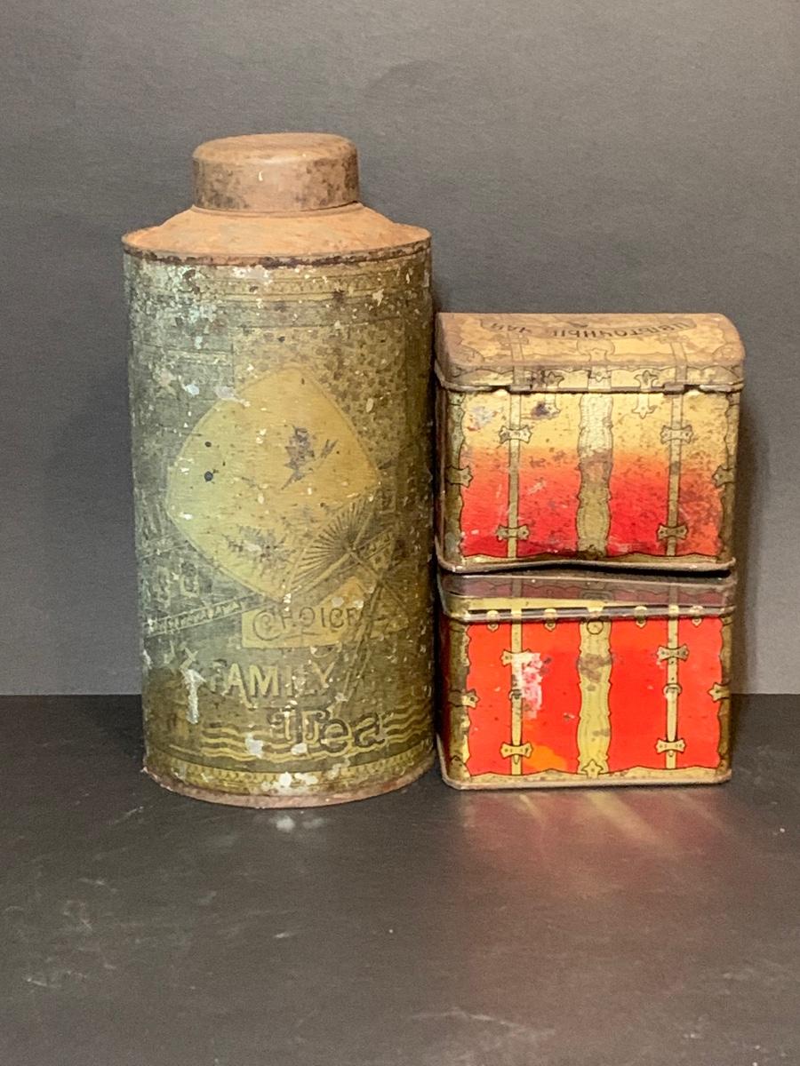 LOT 90R: Vintage Tea Tins & Primitive Box | EstateSales.org