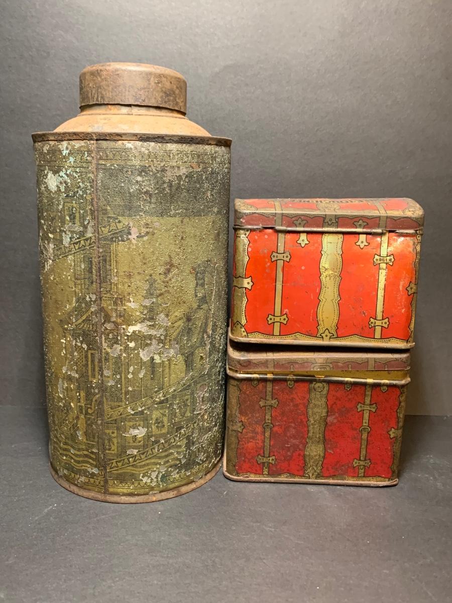 LOT 90R: Vintage Tea Tins & Primitive Box | EstateSales.org