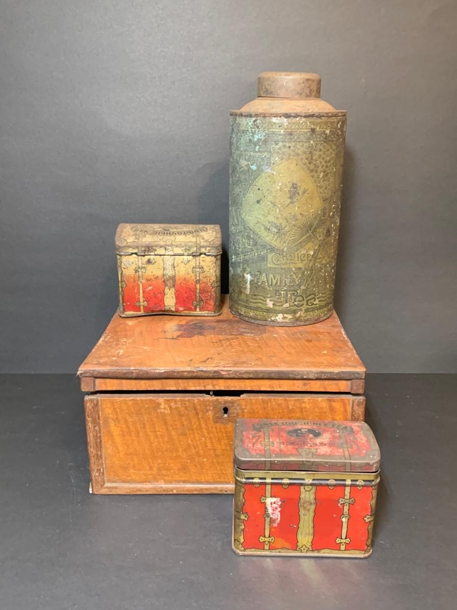 LOT 90R: Vintage Tea Tins & Primitive Box | EstateSales.org