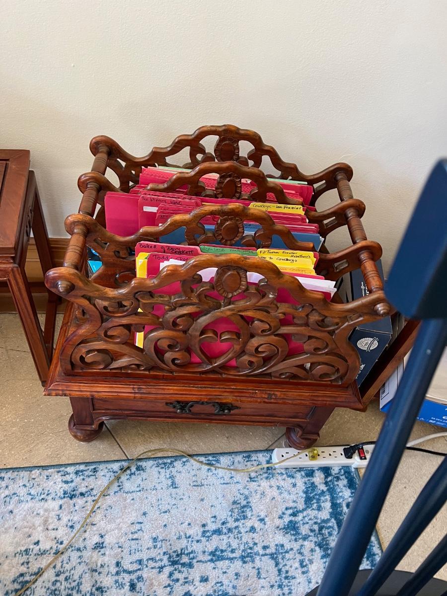 Double sided Carved Rosewood Magazine Rack with Drawer | EstateSales.org