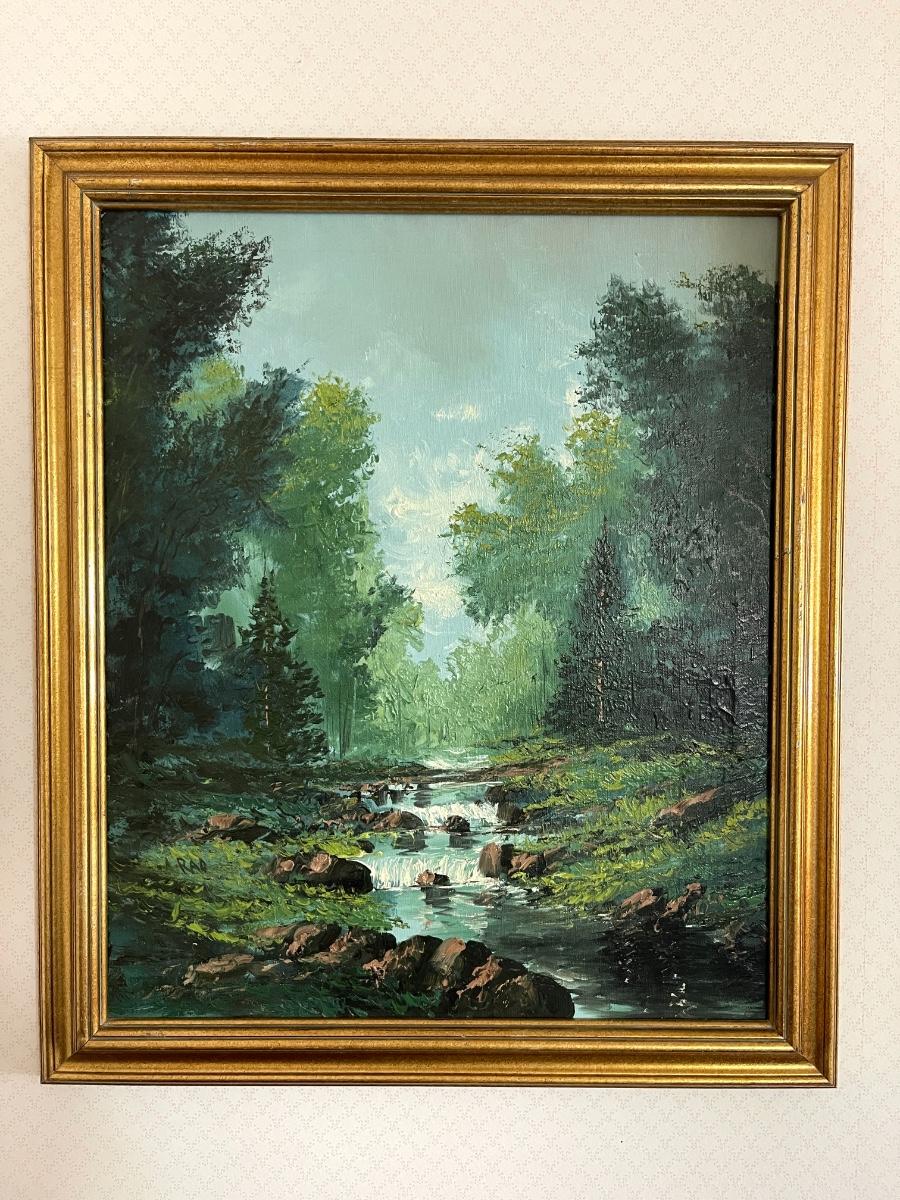 Lot 63 Acrylic On Canvas Woodland Scene 24x27 Gold Frame | EstateSales.org