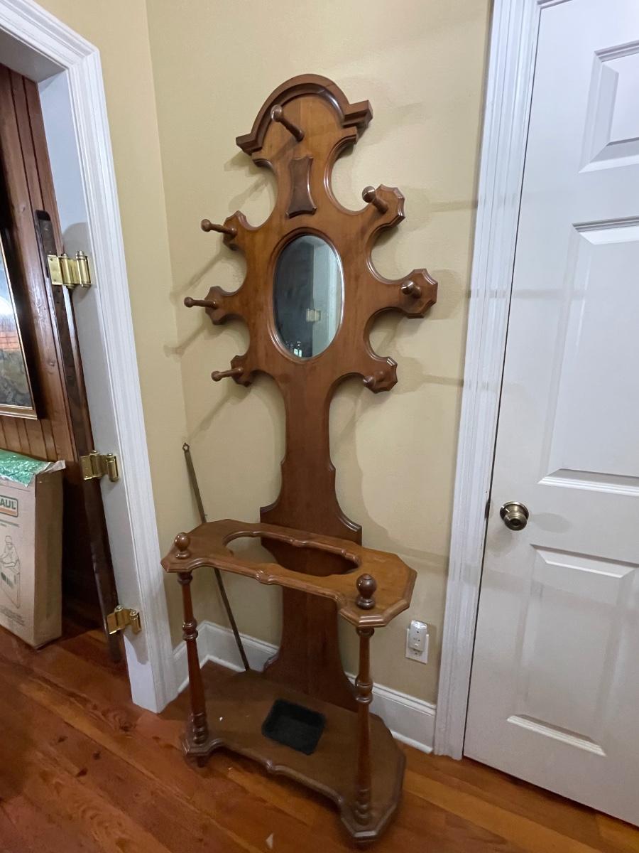 Vintage Unique Wood Hall Tree With Mirror