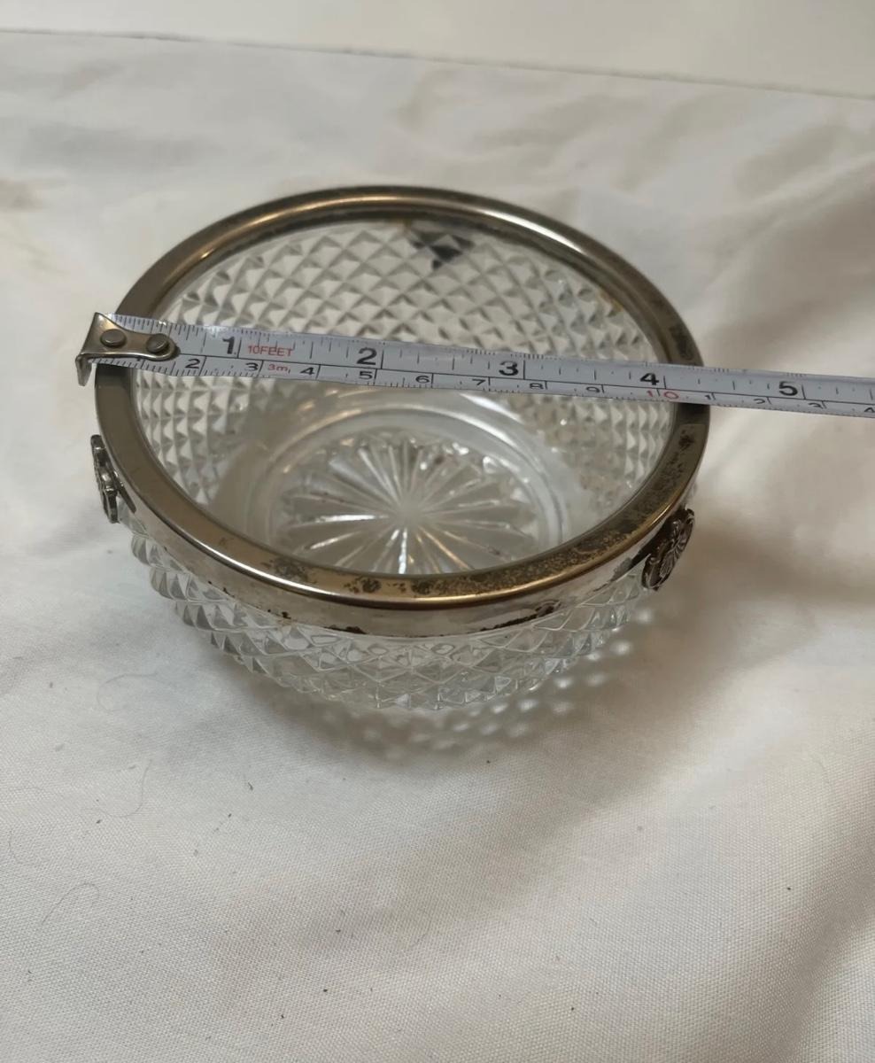 Small Diamond Point Crystal Bowl with Silver Plated Rim. 3 Silver ...