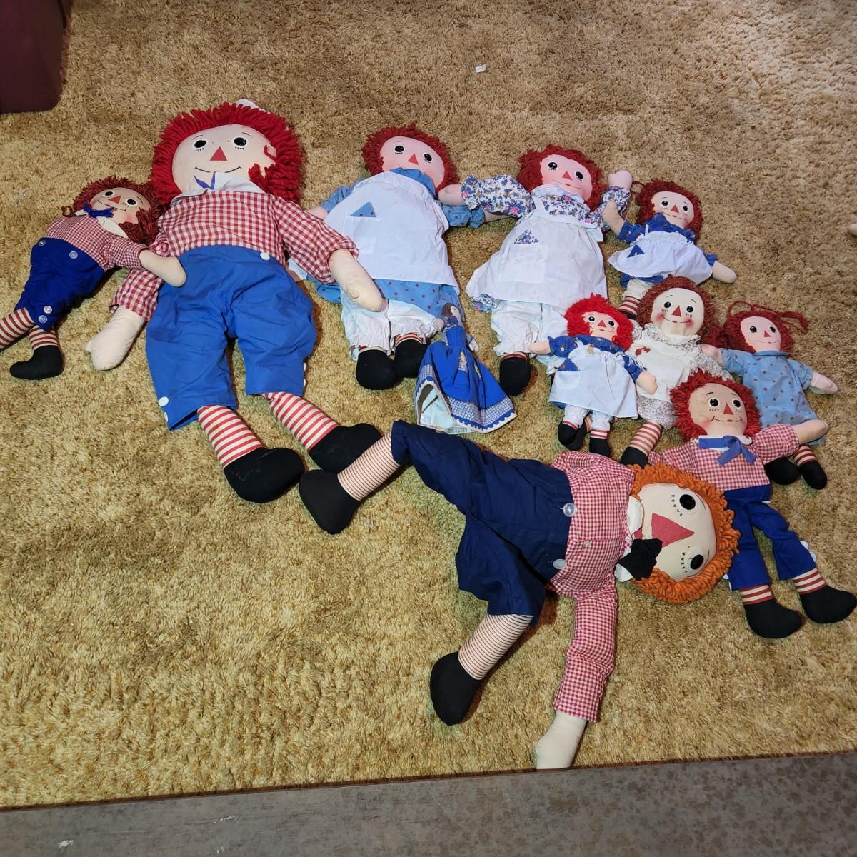 Vintage Large Lot 10 Raggedy Ann Dolls Many Sizes