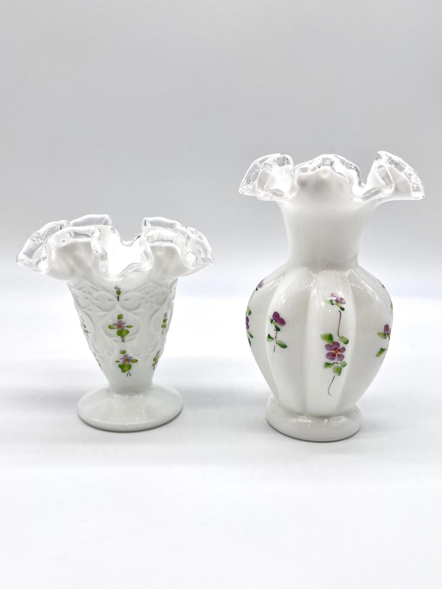 FENTON ~ Violets In The Snow ~ Pair (2) Silver Crest Vases ... FENTON ~ Violets In The Snow ~ Pair (2) Silver Crest Vases ...