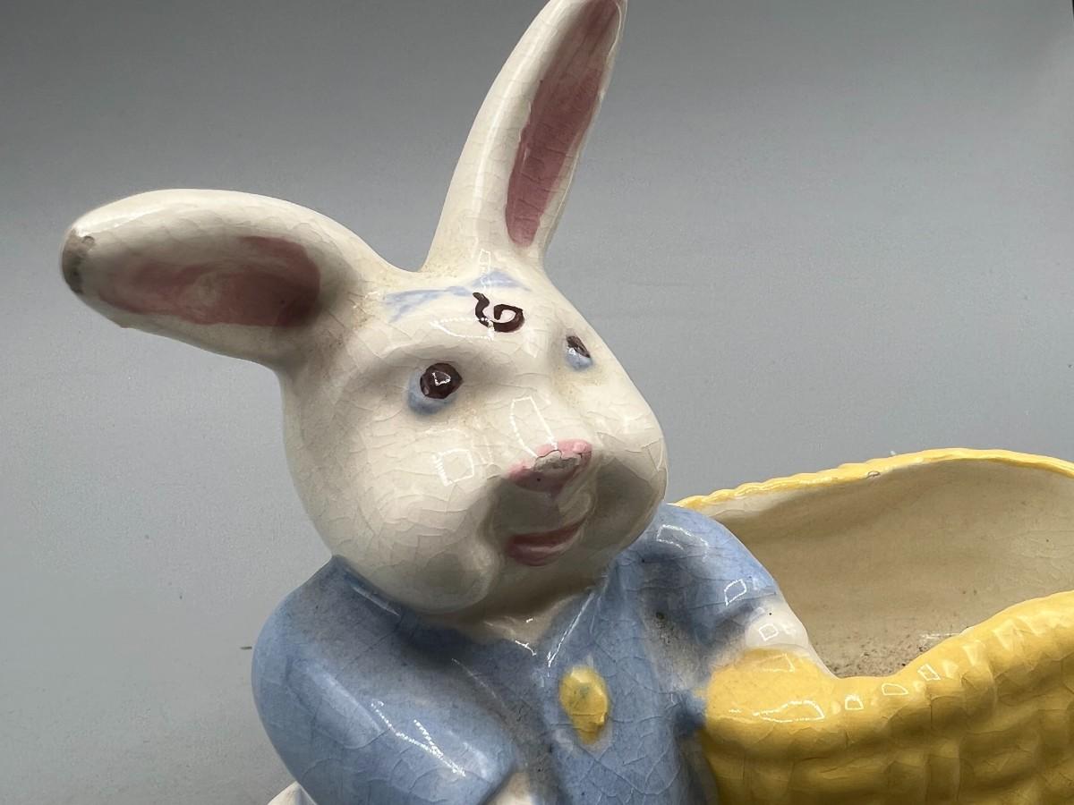 Ceramic Easter Bunny Rabbit with Weaved Basket Displayable Figurine ...