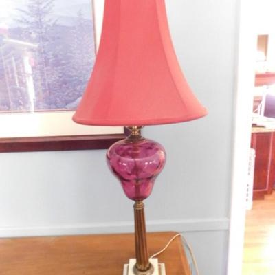 Dark Cranberry Pear-Shaped Glass Post Table Lamp with Brass Finish ...