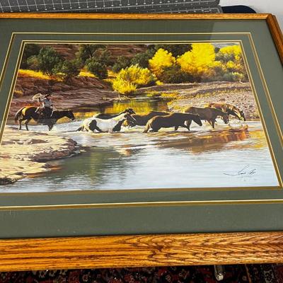 A T Cox Signed Print of Horses crossing the Stream | EstateSales.org