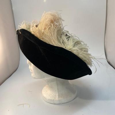 Vintage Black Velvet Squared Colonial Style Hat with Ostrich Feathers ...