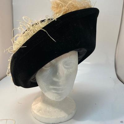 Vintage Black Velvet Squared Colonial Style Hat with Ostrich Feathers ...