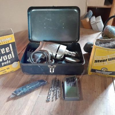 LOT 129 VINTAGE DORMEYER ELECTRIC DRILL WITH METAL BOX, STEEL WOOL ...
