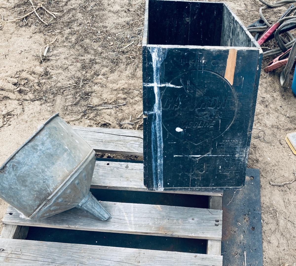 LOT 449 COOL OLD GAS CAN BOX AND FUNNEL | EstateSales.org